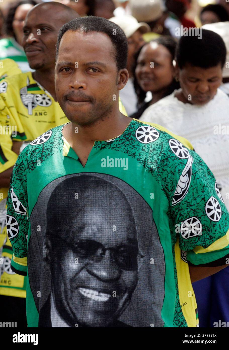 An African National Congress supporter wearing a Jacob Zuma shirt, as ...