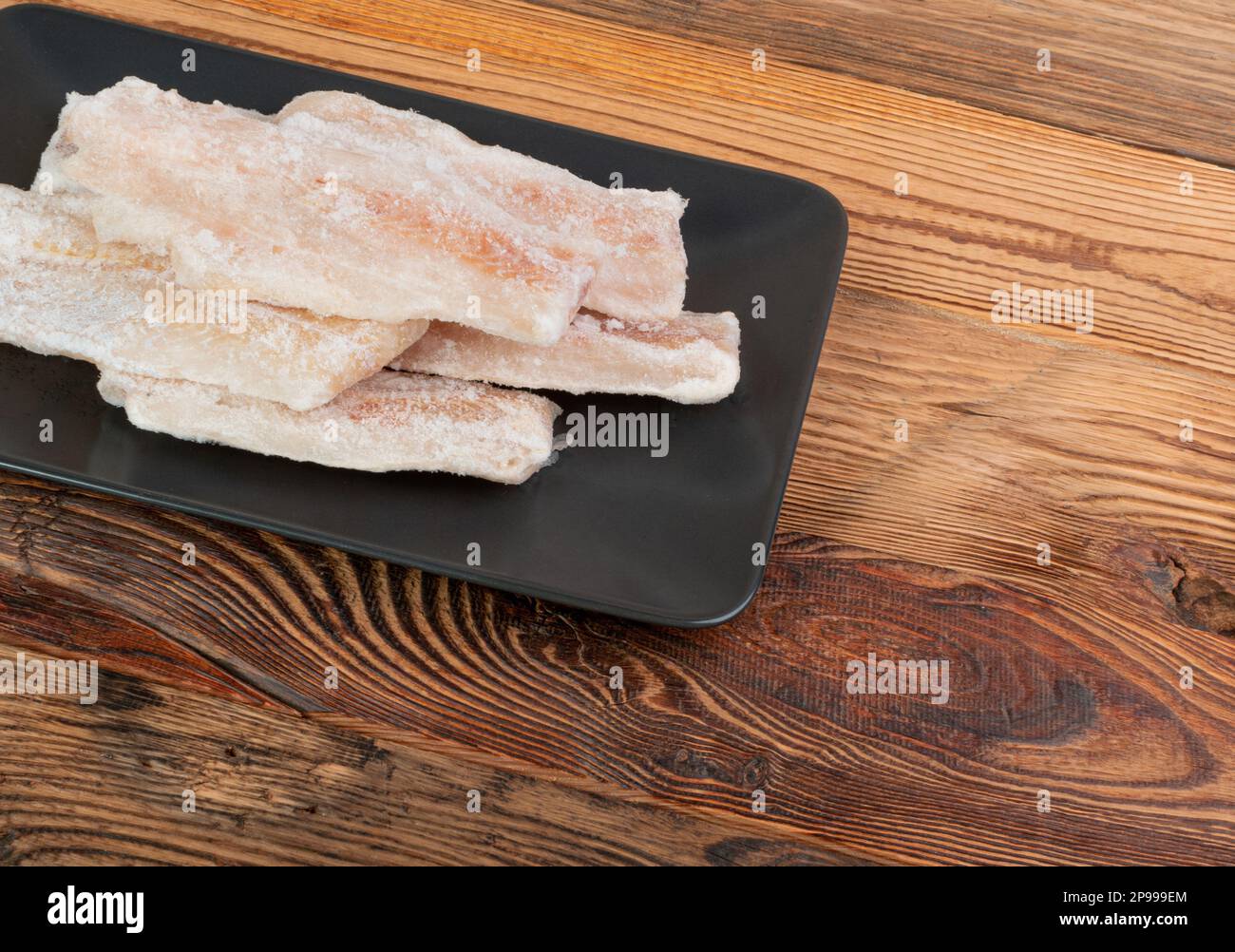 Frozen Fish on Wooden Cutting Board, White Cod Fillet, Iced Hake Filet ...