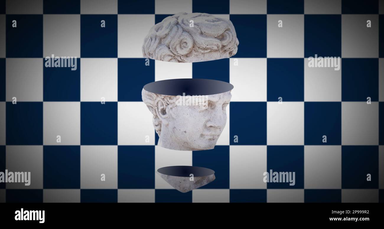 Close up of ancient sculpture male head sliced in three on blue and ...