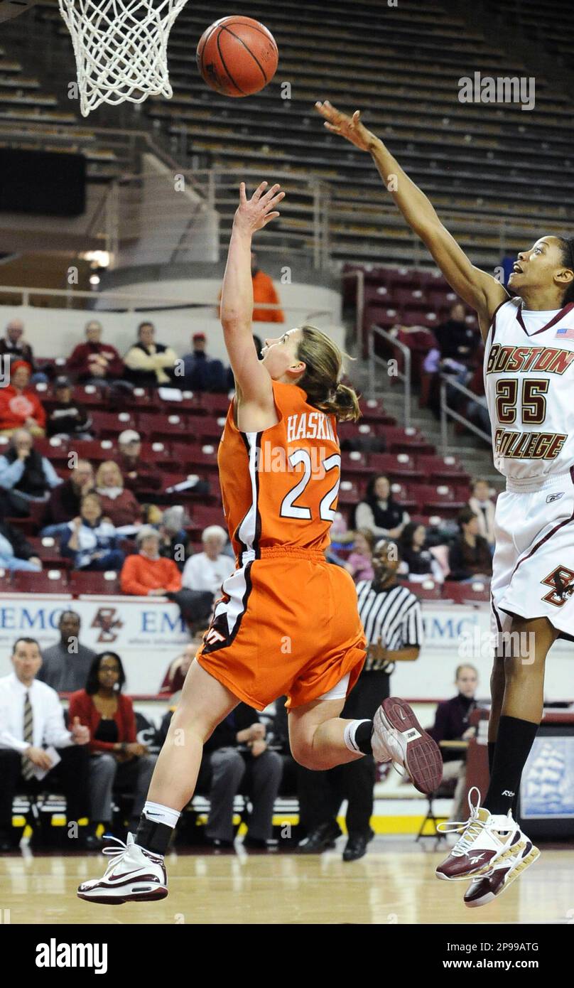 Virginia Tech's Laura Haskins (22) goes up for a shot against Boston ...