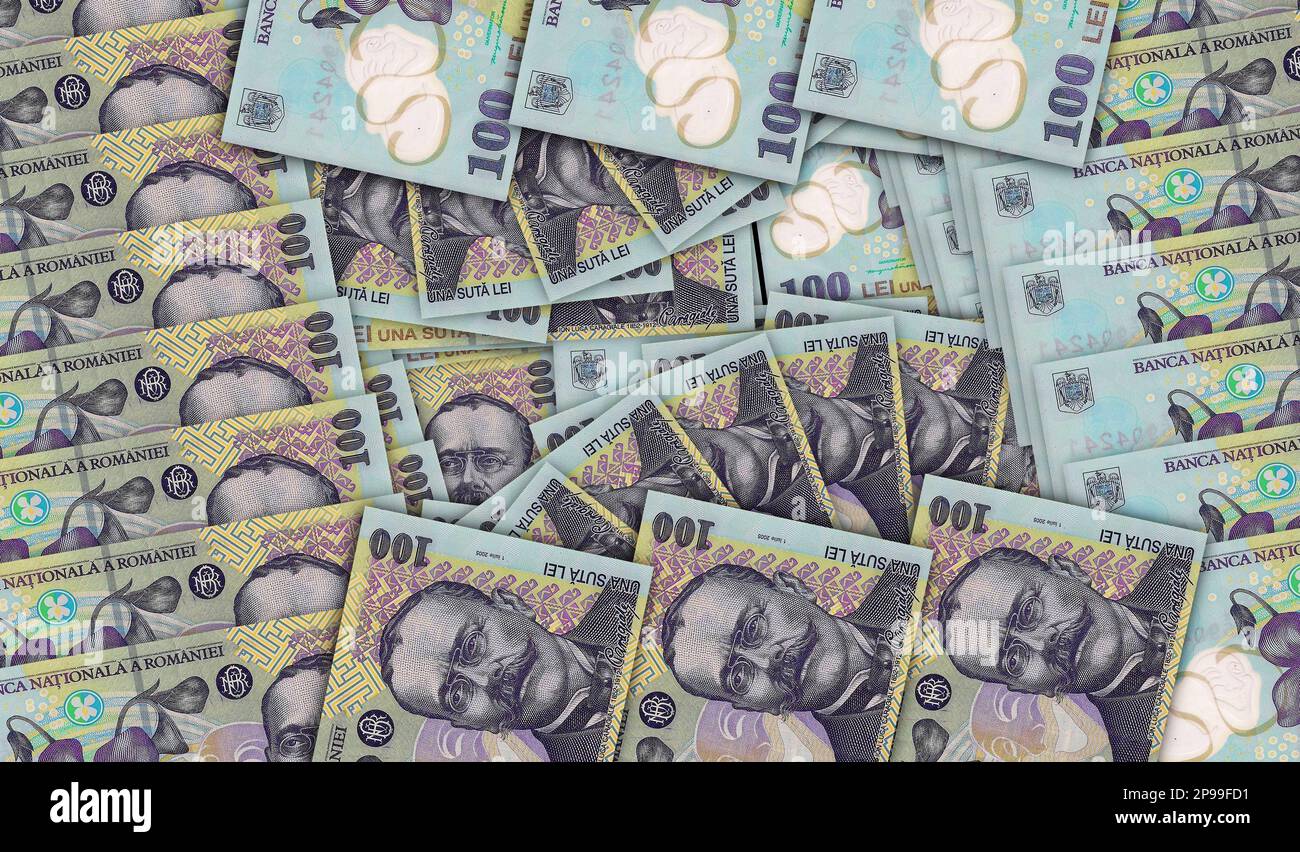 Romania Lei banknotes in a cash fan mosaic pattern. Romanian RON 100 ...