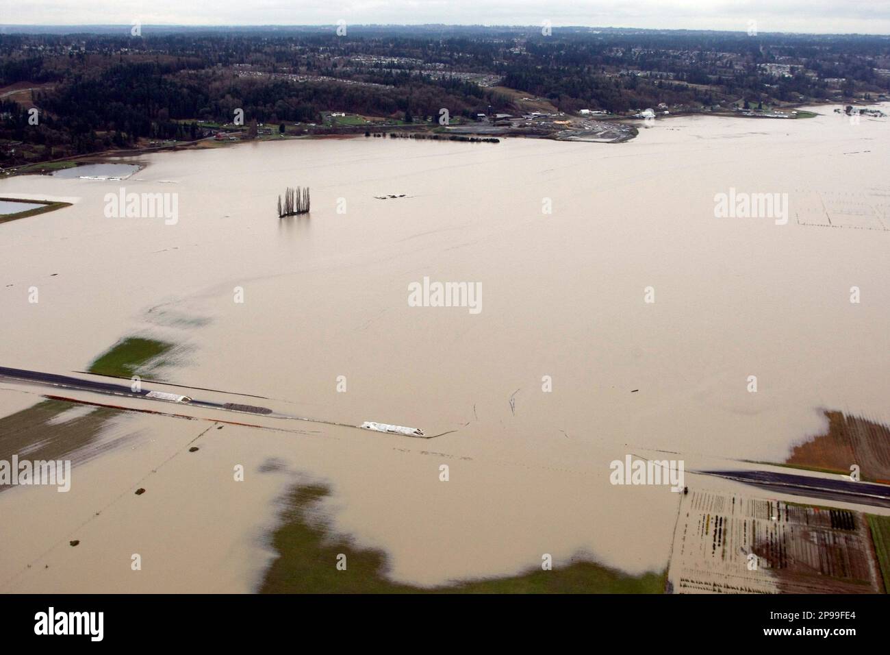 An aerial view of flooding between Snohomish and Monroe, Wash. is seen ...