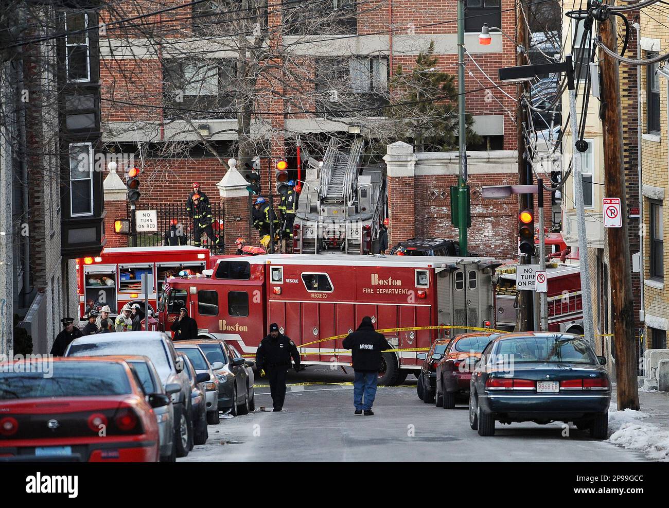 A Boston Fire Department ladder truck is seen after it plowed through ...