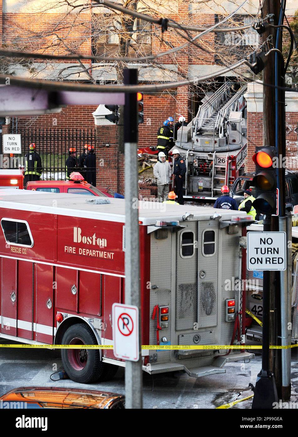 A Boston Fire Department ladder truck is seen after it plowed through ...