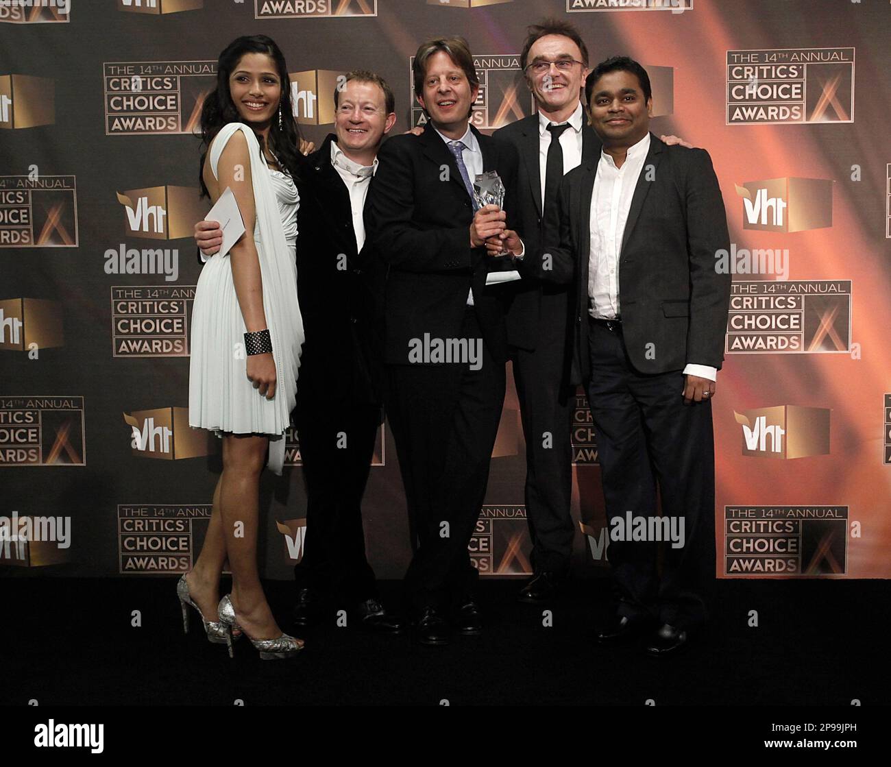 From left to right, Freida Pinto, Simon Beaufoy, Christian Colson ...