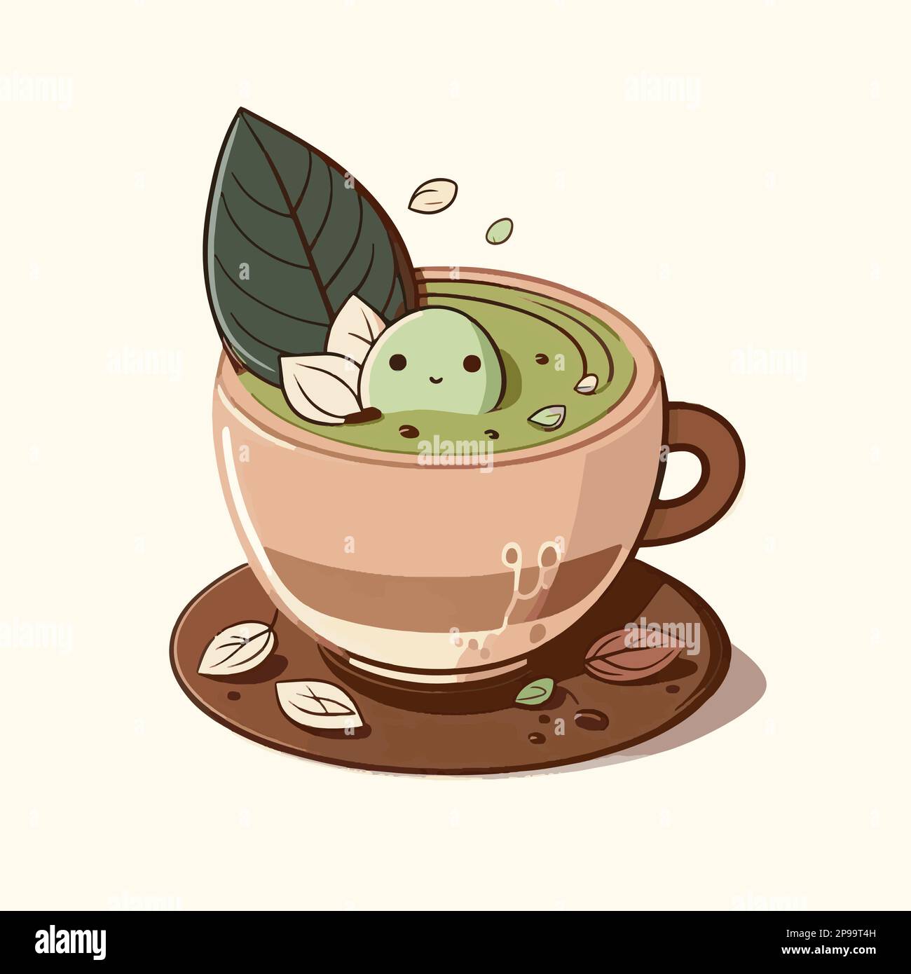 Flat cartoon illustration of cute beautiful glass cup of matcha latte ...