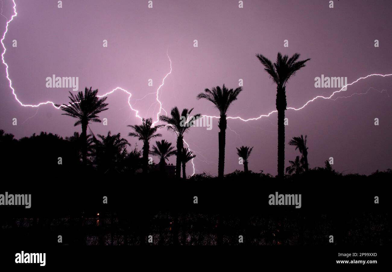 A lightning strikes over the palm trees during a thunder storm in the ...