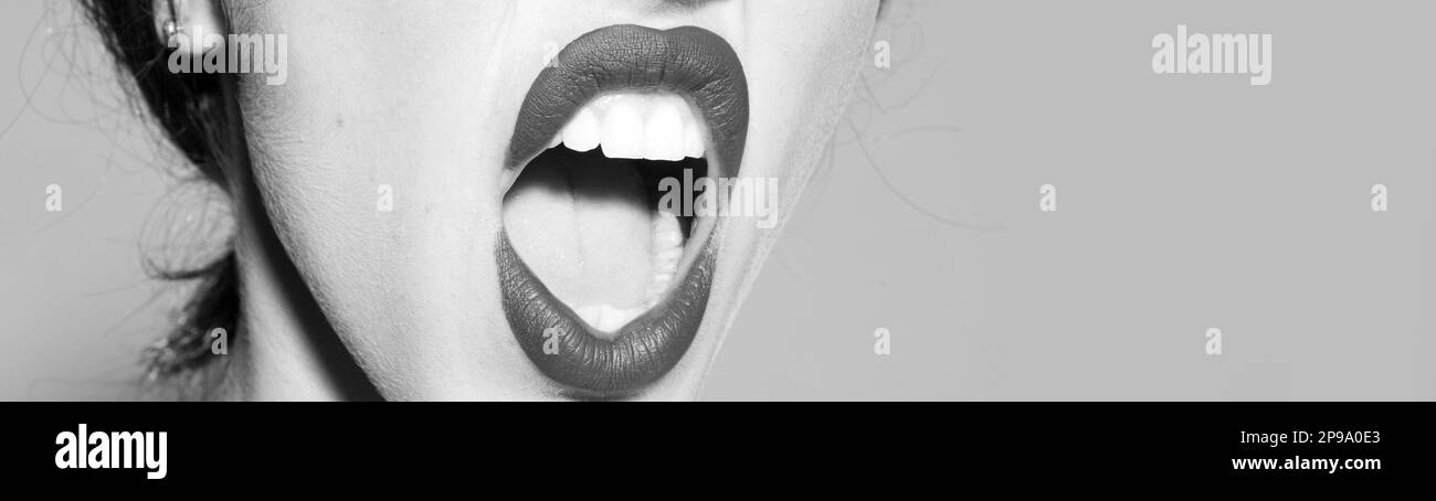 Excited angry woman screaming and shouting. Horizontal banner for ...