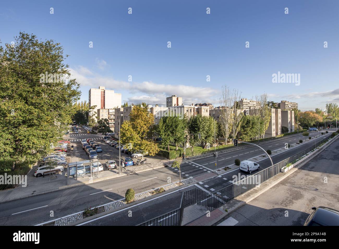 Buildings in a neighborhood with an avenue and trees with grass and ...