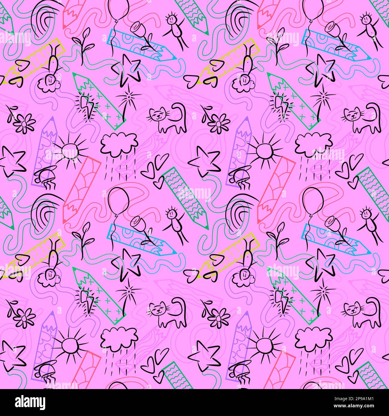 Cartoon doodle markers seamless school pencil and blackboard pattern ...