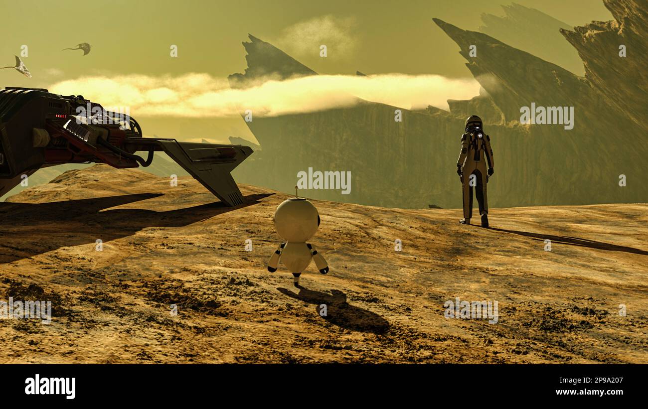 Space traveler with a small robot exploring a new planet and facing ...