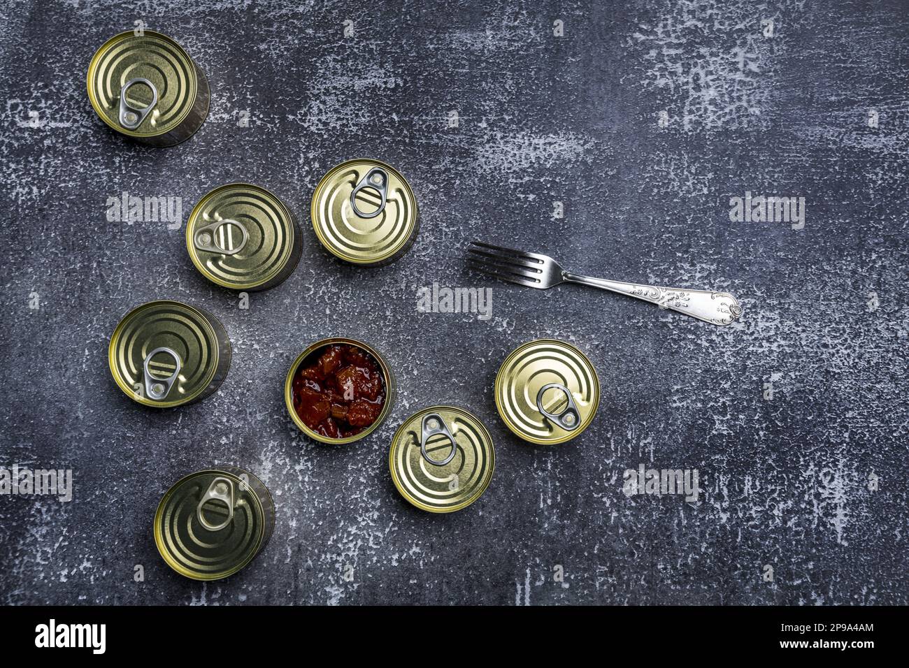 Round cans of canned fish in sauce with one open and a fork to empty it ...