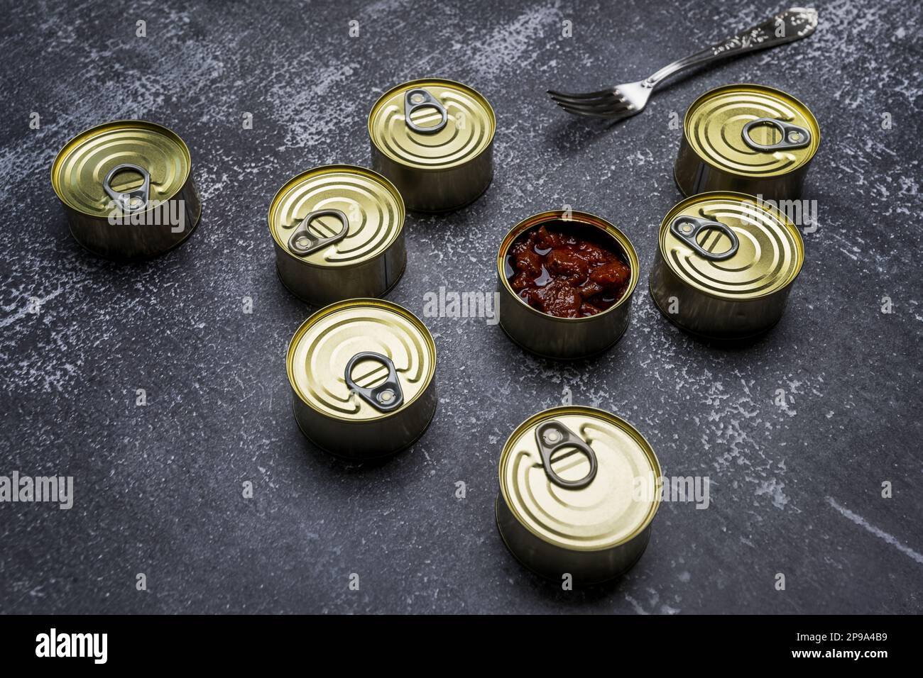 Round cans of canned fish in sauce with one open and a fork to empty it ...