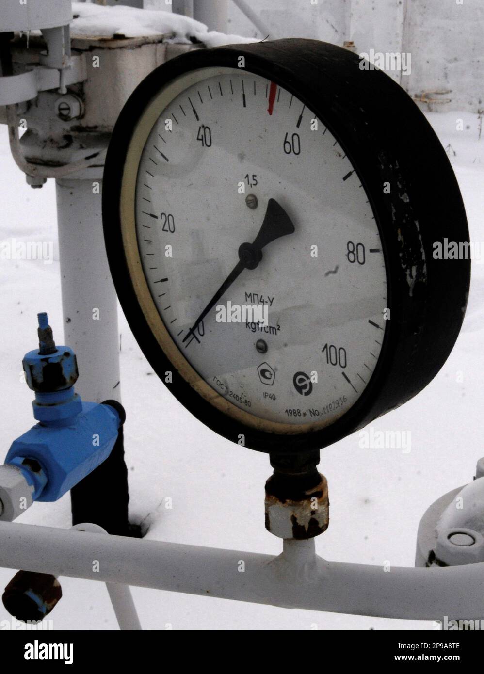 A gas pressure gauge rises at storage and transit point on the main gas ...
