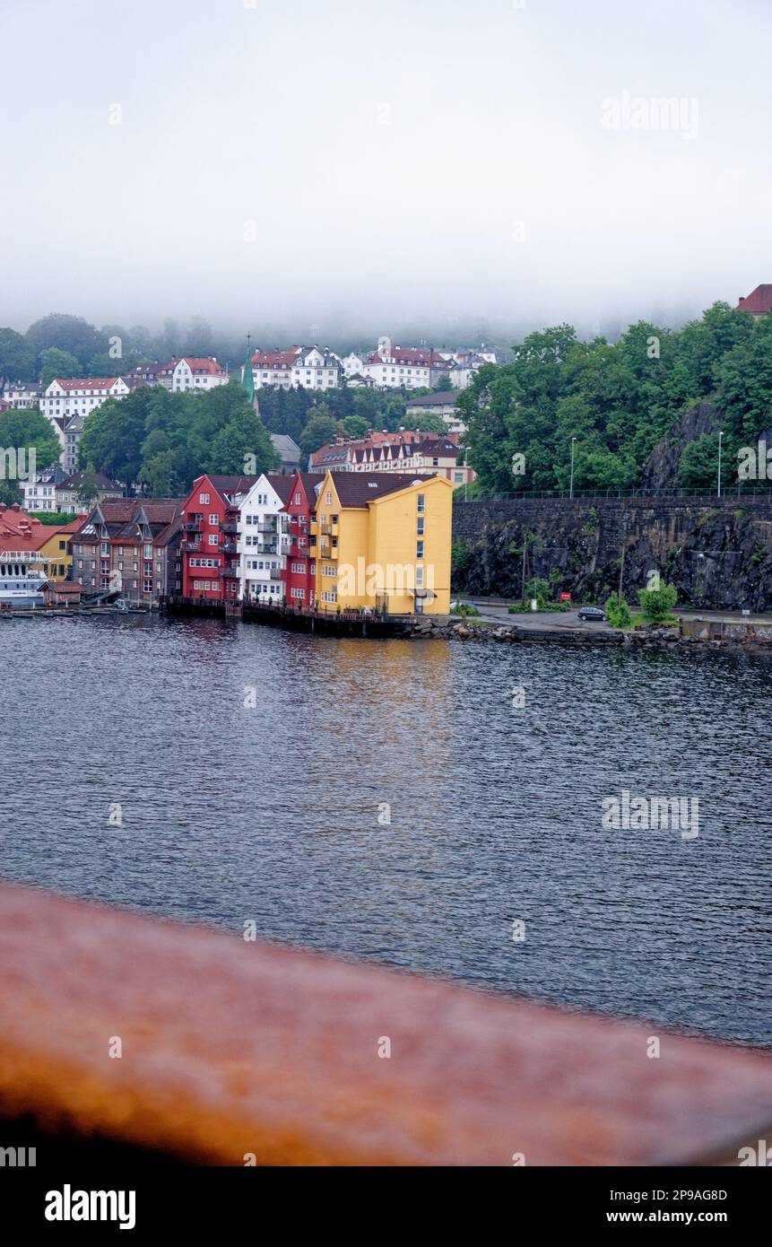 Offshore view across Vagen harbour to Torget waterfront and Mount ...