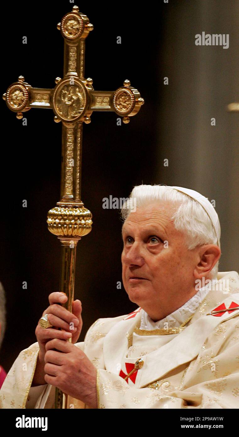 Pope Benedict XVI holds the pastoral staff as he celebrates the ...