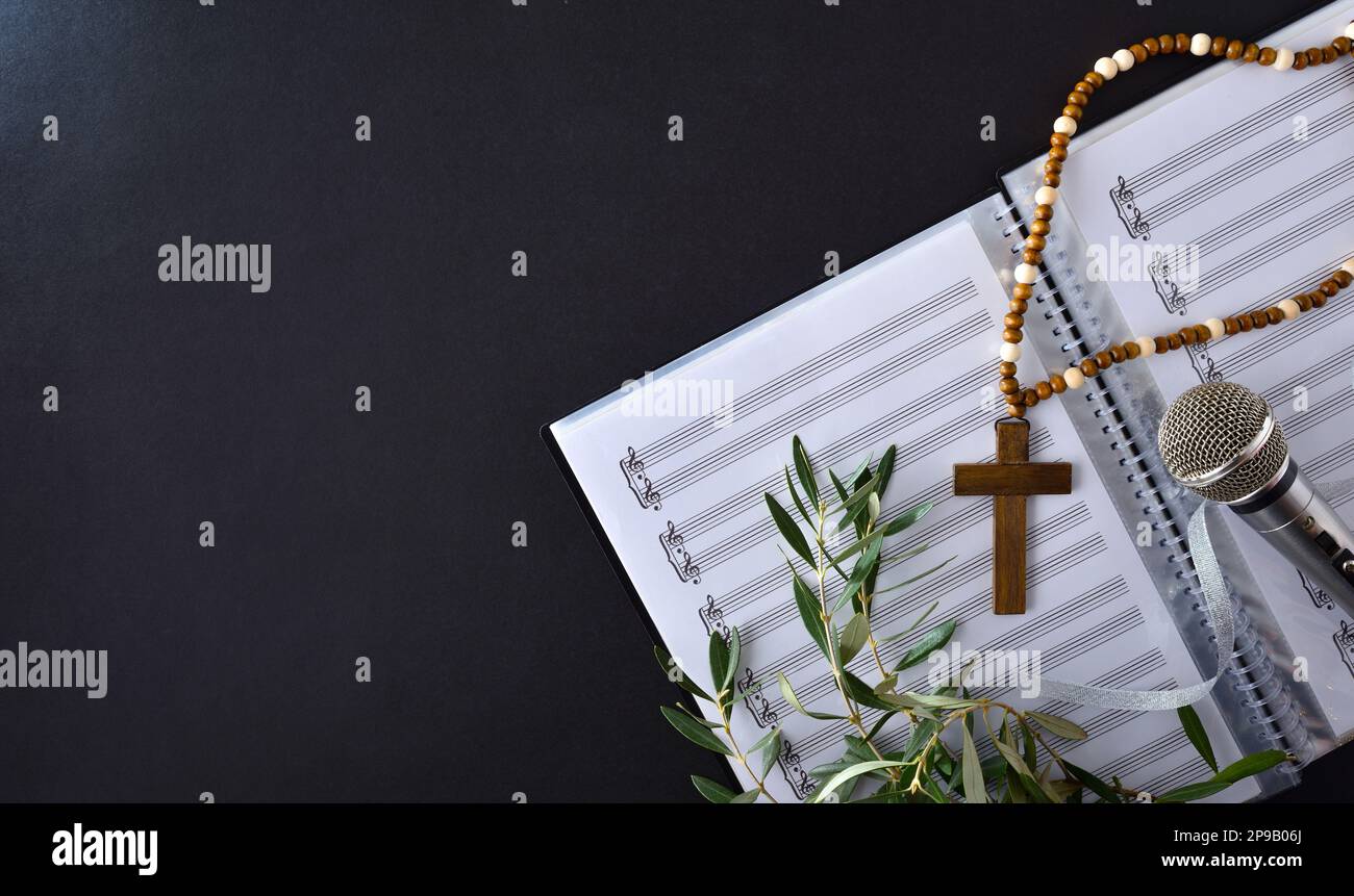 Choral music background for Palm Sunday with sheet music, microphone ...