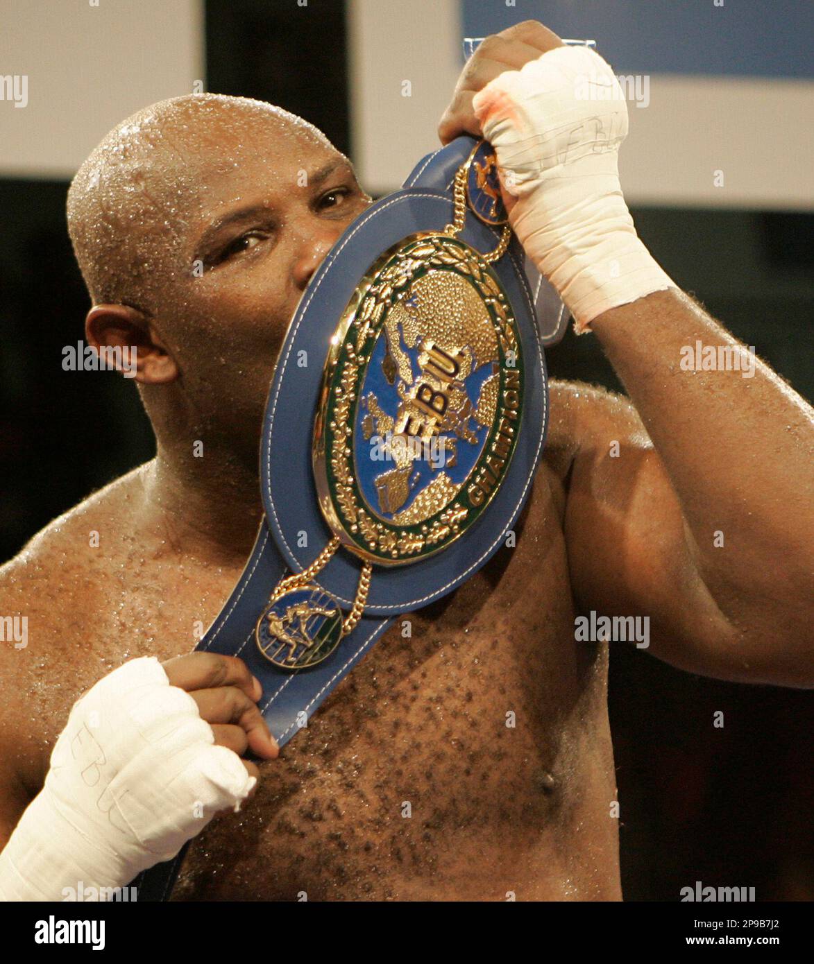 Matt Skelton, of Britain, celebrates after winning the European ...