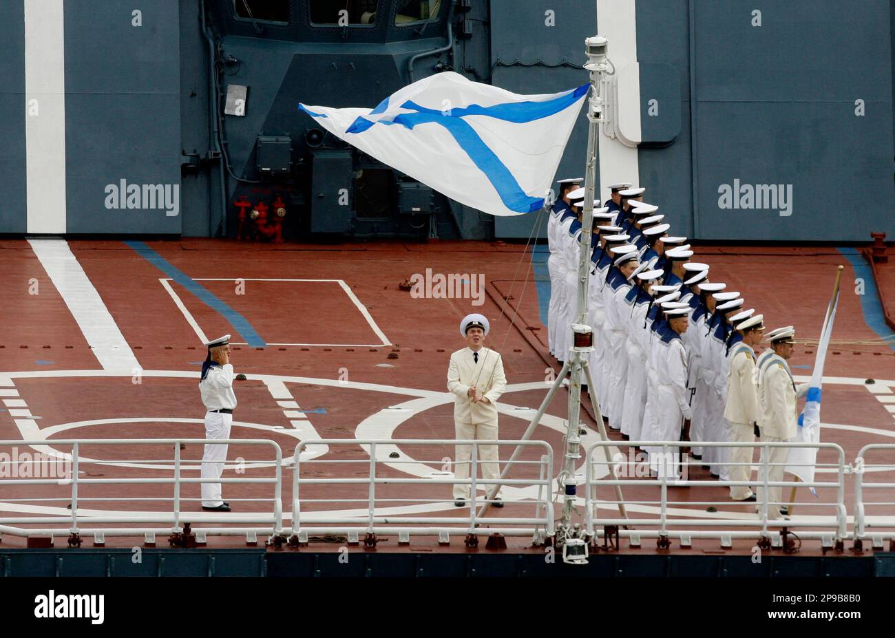 Russian sailors aboard the Admiral Chabanenko line up as they prepare ...