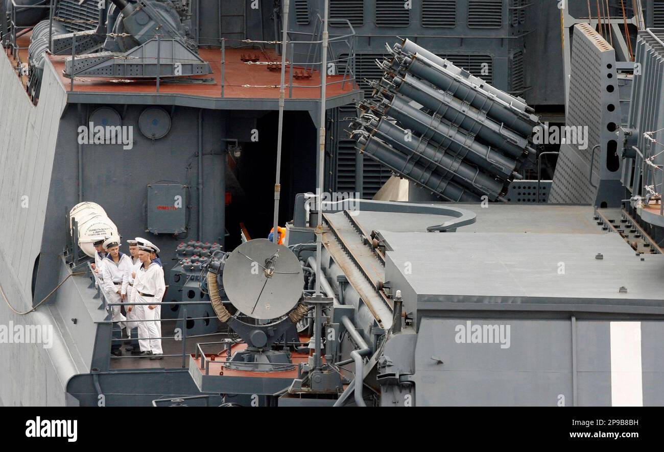 Russian sailors watch from their ship Admiral Chabanenko as they arrive ...