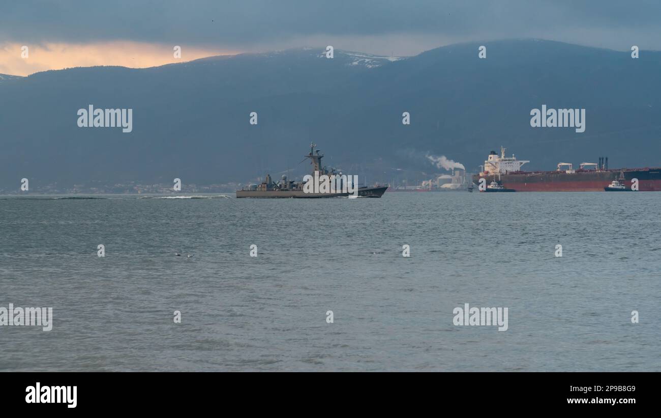 Turkish battleship. Turkish frigate patrol in Gulf of Izmit. Turkish ...