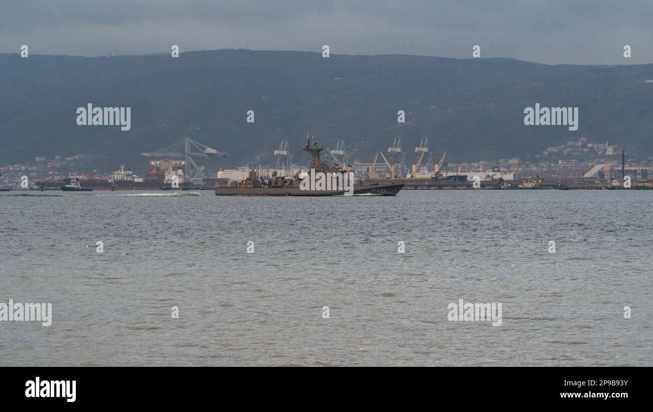 Turkish battleship. Turkish frigate patrol in Gulf of Izmit. Turkish ...