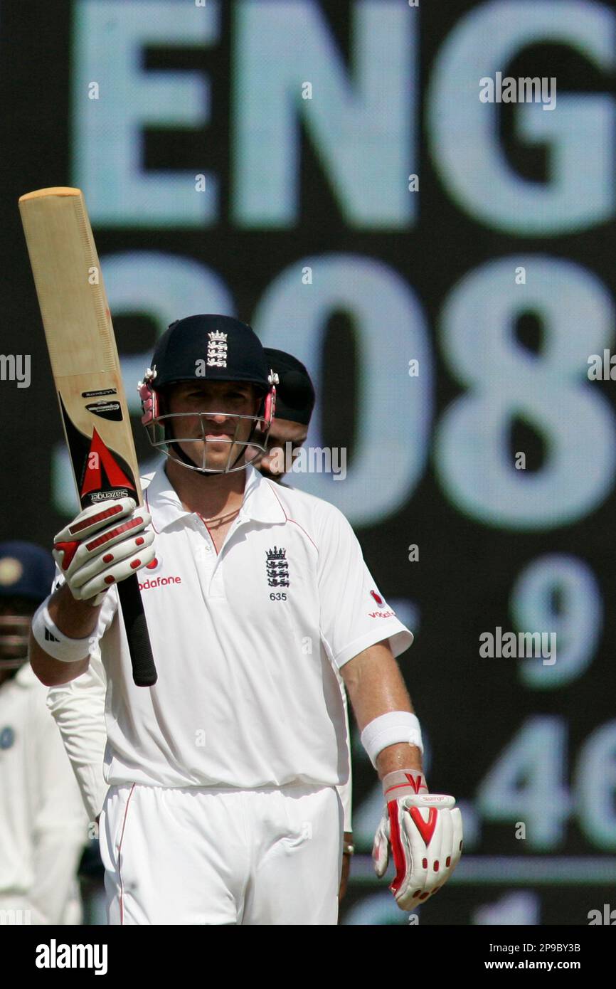 England's cricketer Andrew Strauss acknowledges the crowd after scoring ...