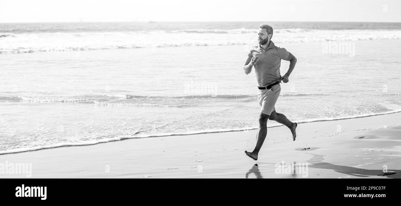 Man running and jumping, banner with copy space. energetic summer ...