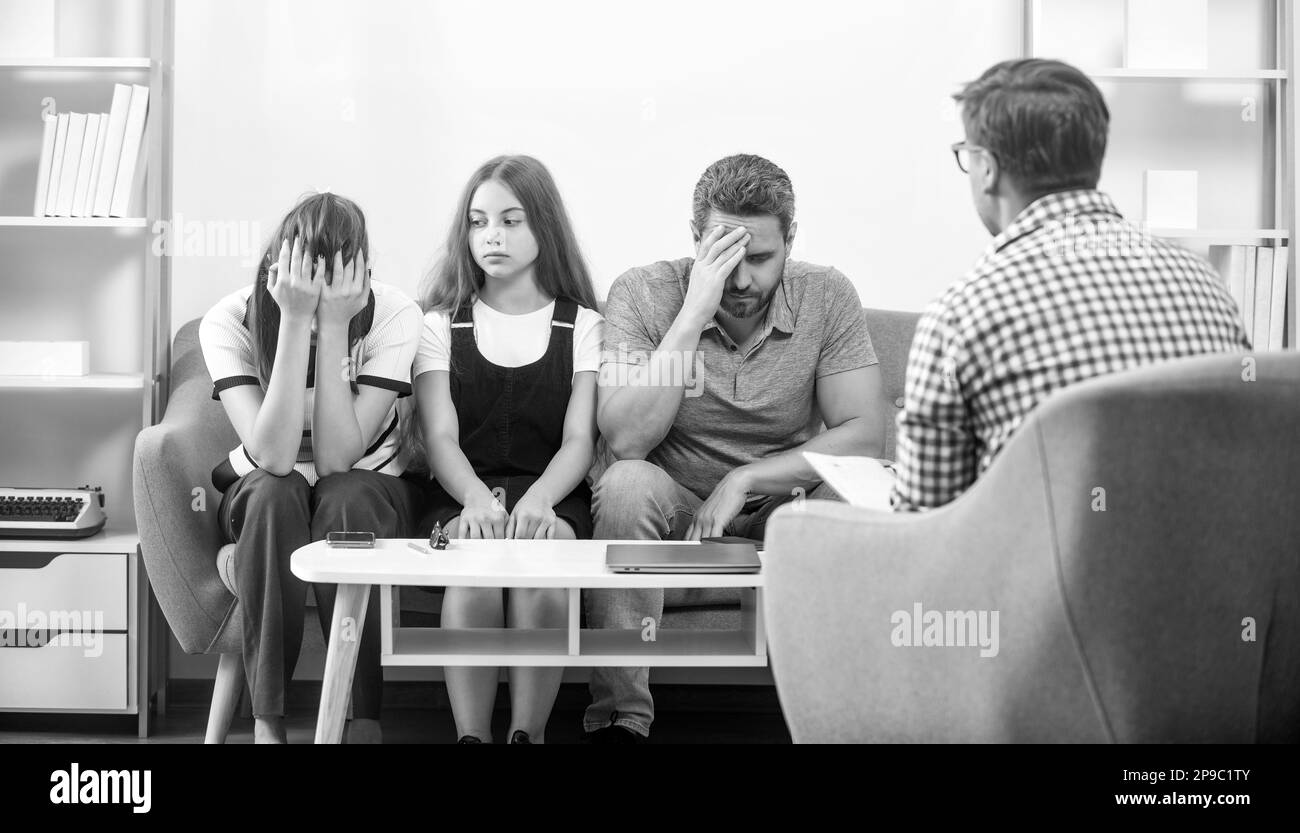 father mother and child at psychologist session. family therapy ...