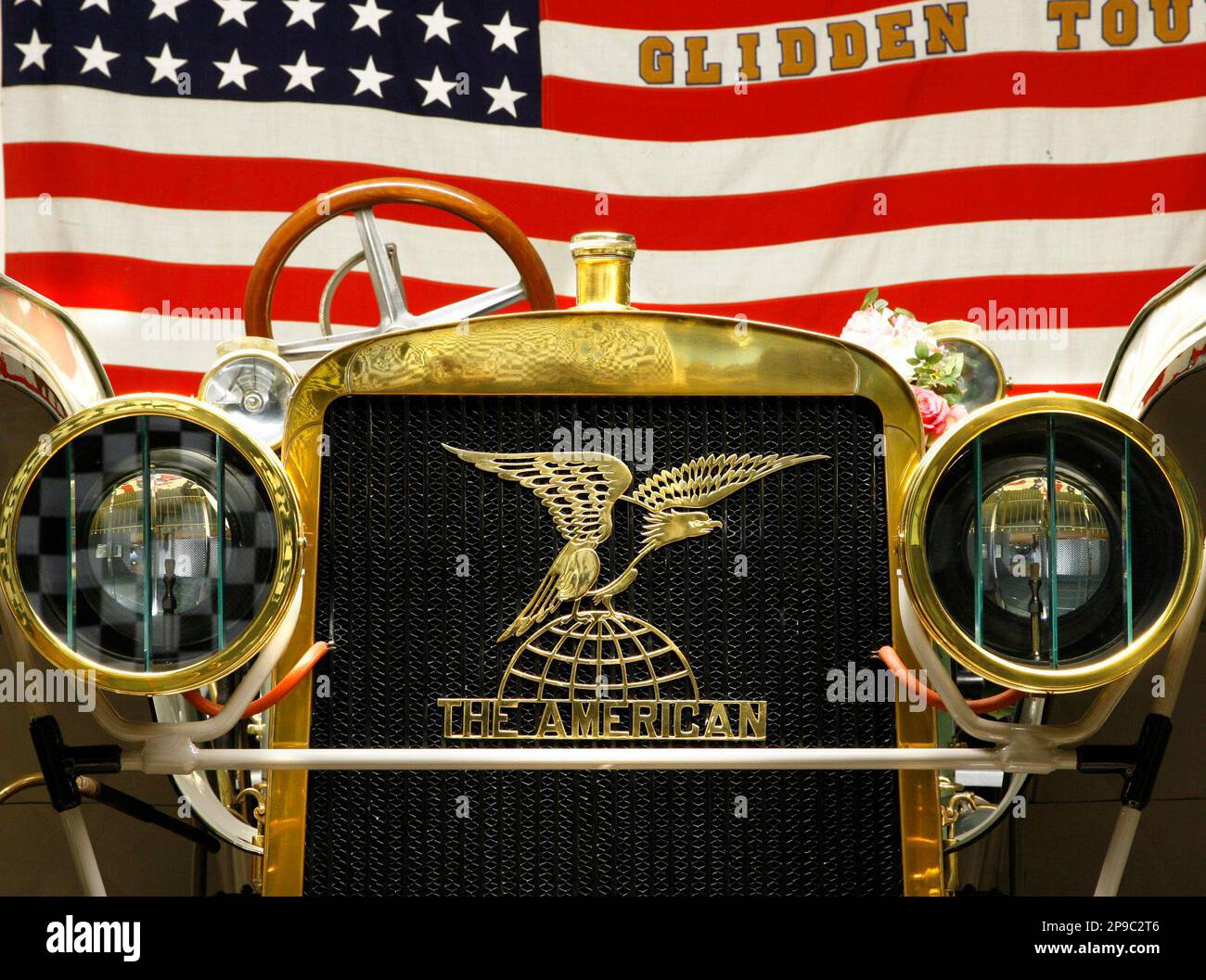 A Close-up view of the front of a 1909 American Underslung, so named ...