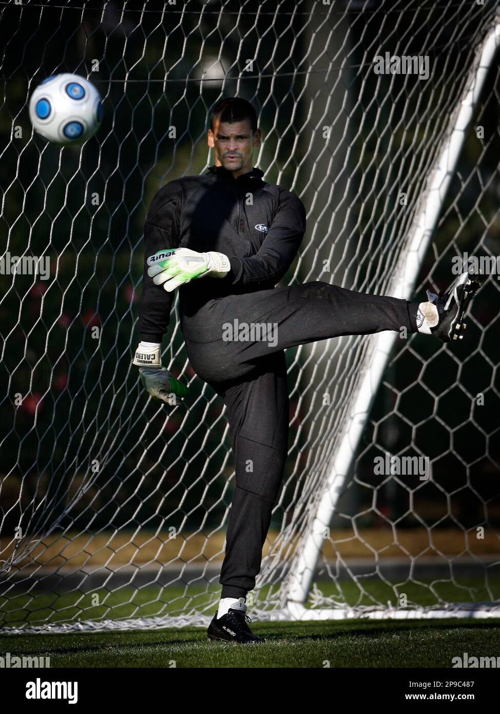 Mexico's club soccer team Pachuca C.F.'s goalkeeper Miguel Calero kicks ...