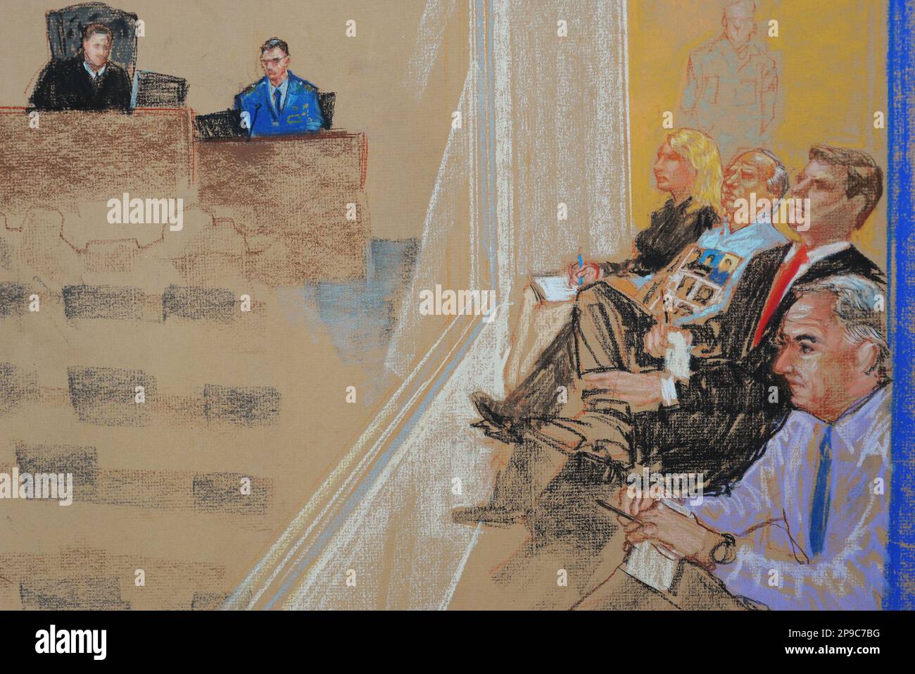 This courtroom drawing by artist Janet Hamlin, reviewed by the US ...