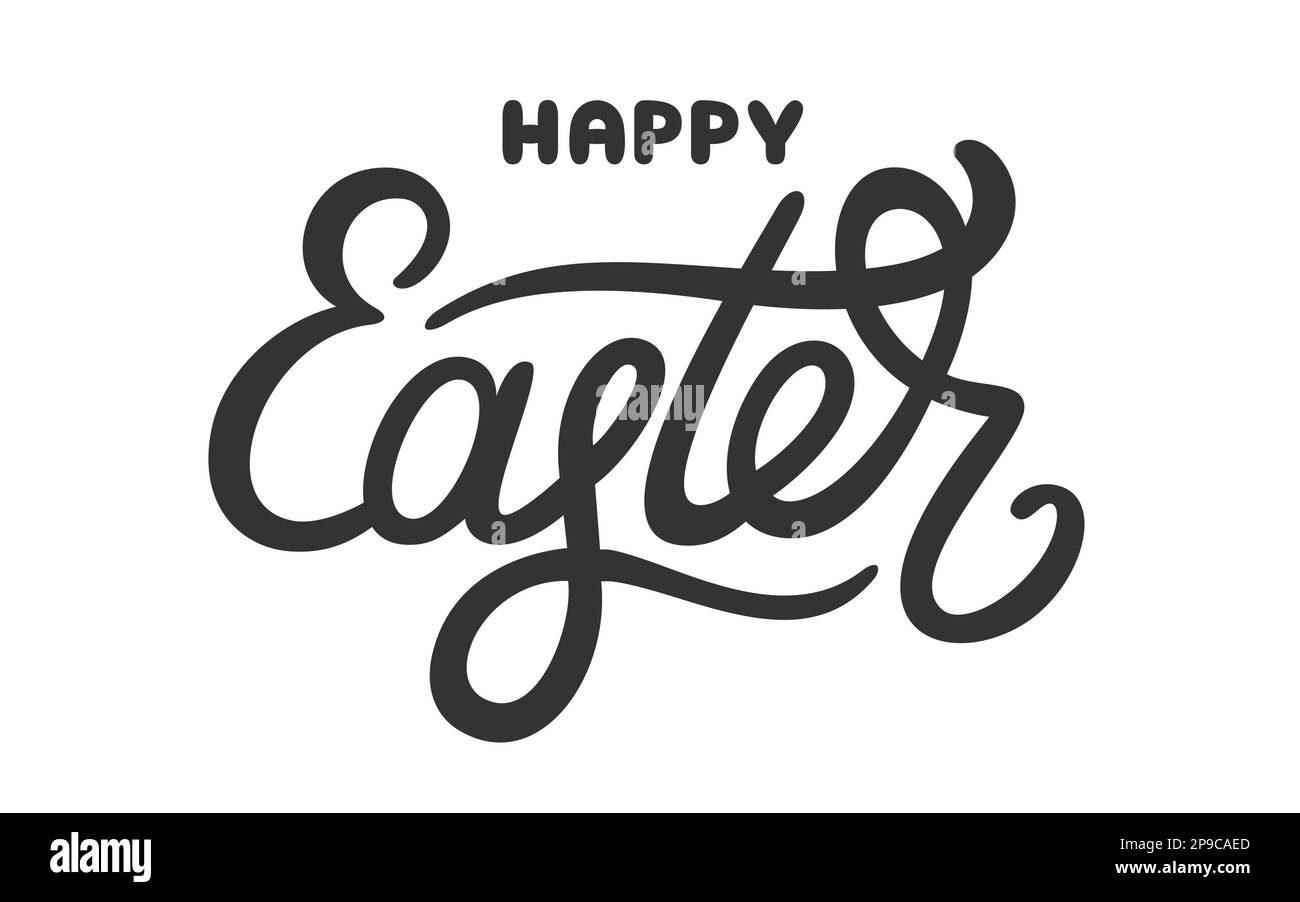 Happy Easter handwritten ink lettering label black. Silhouette imprint ...