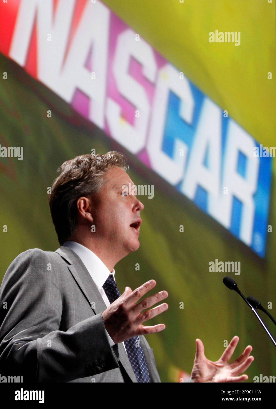 NASCAR chairman Brian France gestures while introducing the NASCAR NMPA ...