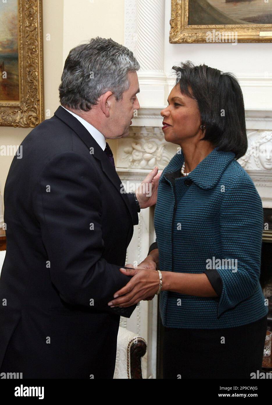 Britain's Prime Minister Gordon Brown greets US Secretary of State ...