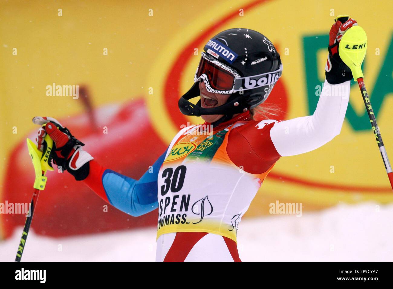 Aline Bonjour, of Switzerland, reacts after her eight-place finish in ...