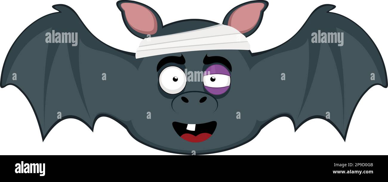 vector illustration face of a cartoon character of an injured vampire bat, with bandages on his ...
