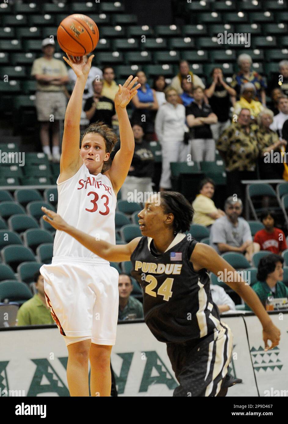 Stanford's Jillian Harmon (33) shoots over Purdue's Lakisha Freeman (24) during the second half ...