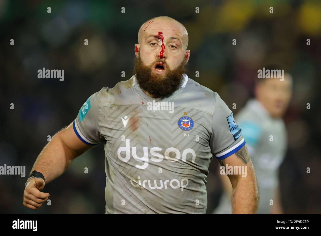 Tom Dunn of Bath Rugby bleeds from a cut during the Gallagher ...