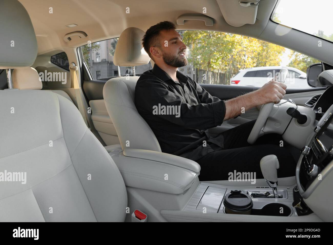 Handsome young driver sitting in modern car Stock Photo - Alamy