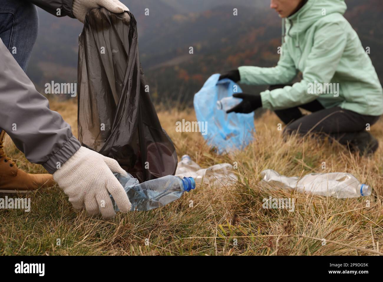People with trash bags collecting garbage in nature, closeup Stock ...