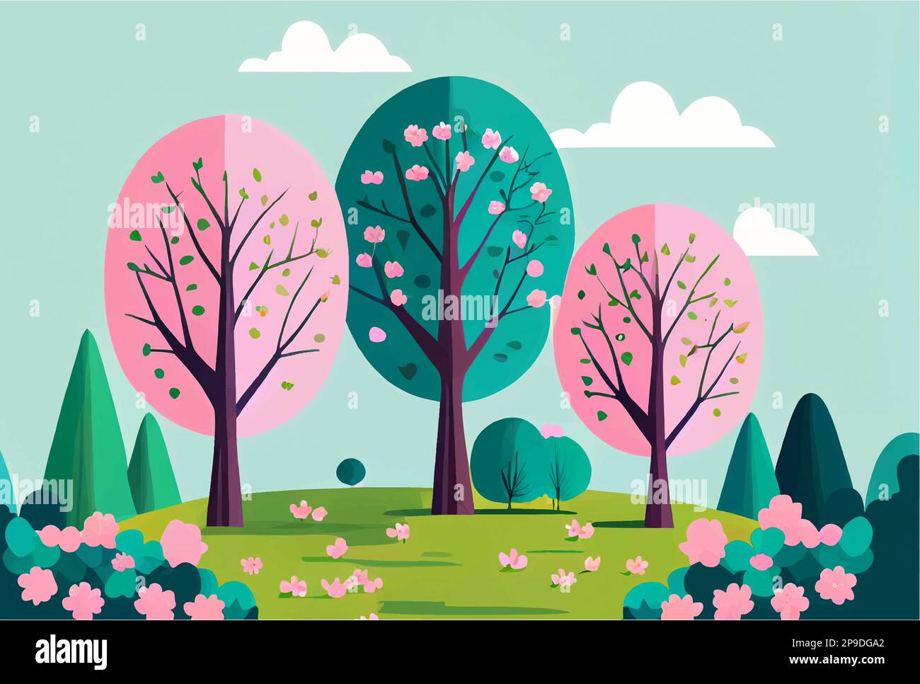 vector illustration of spring park with pink and green tree nature ...