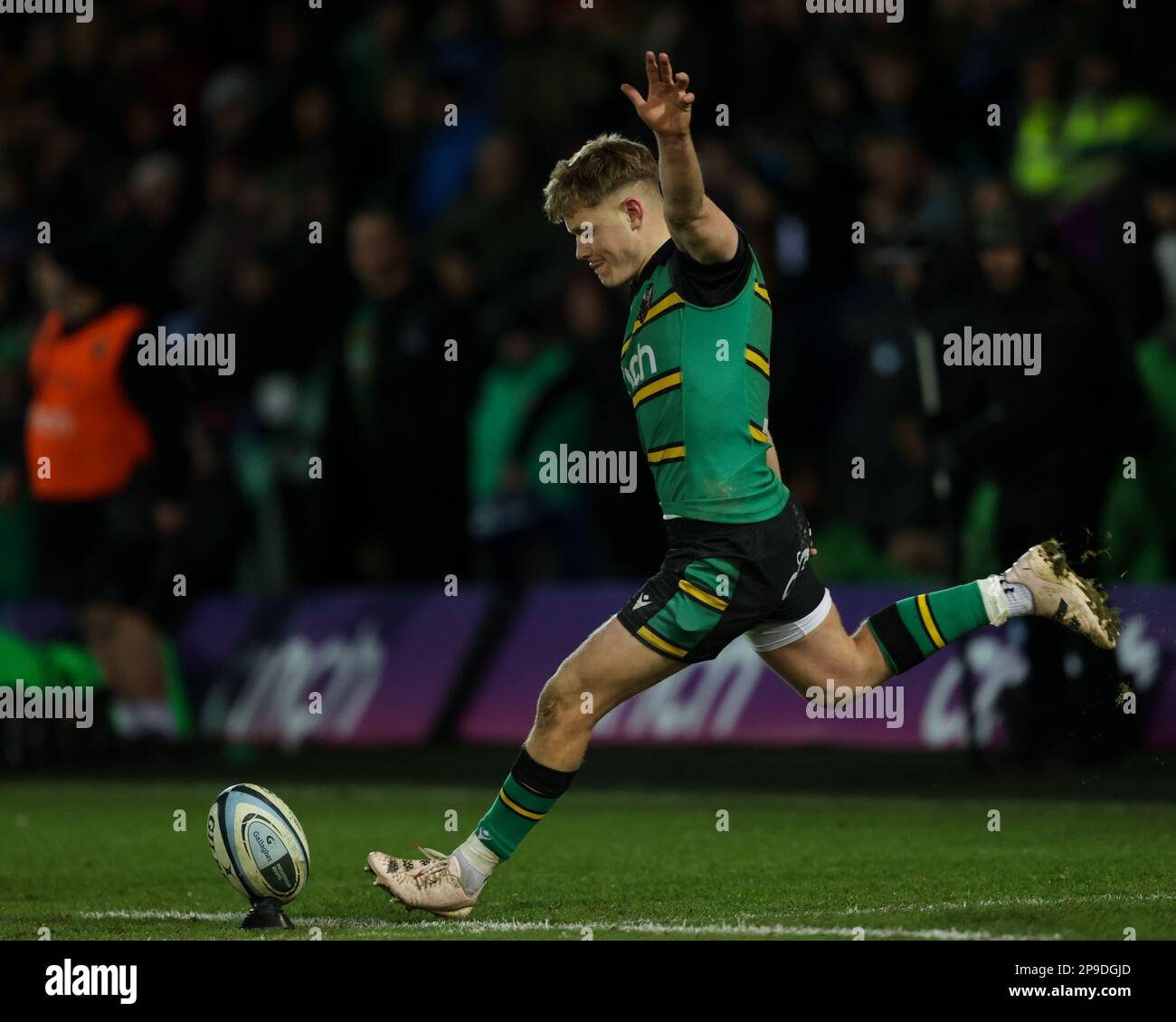 Fin Smith of Northampton Saints kicks a conversion during the Gallagher ...