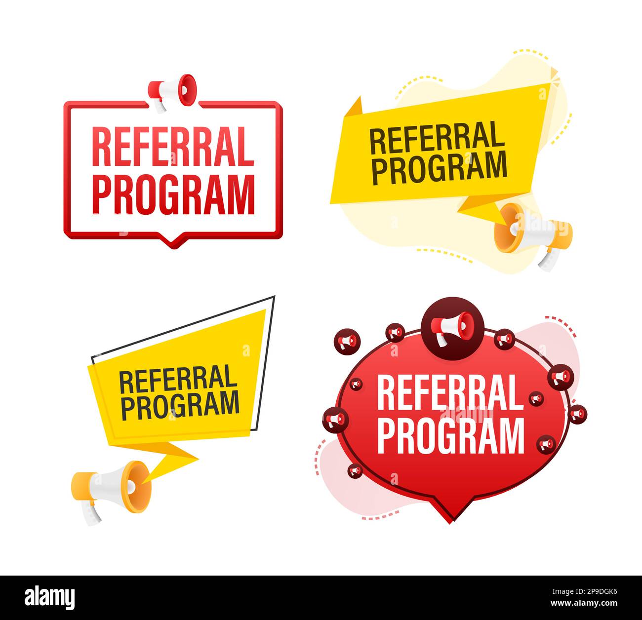Megaphone label set with text referral program. Megaphone in hand ...