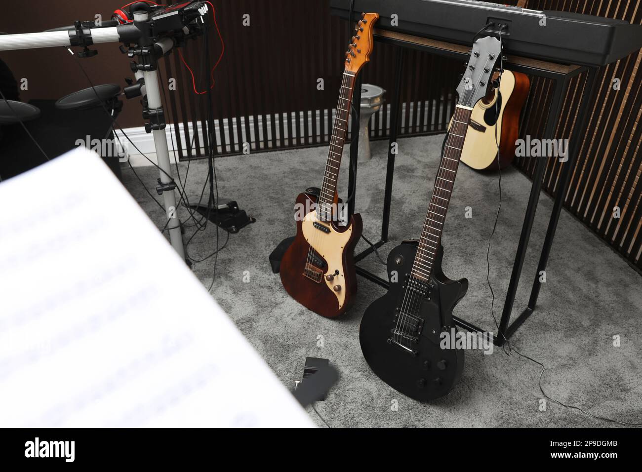 Musical instruments at recording studio. Band practice Stock Photo - Alamy