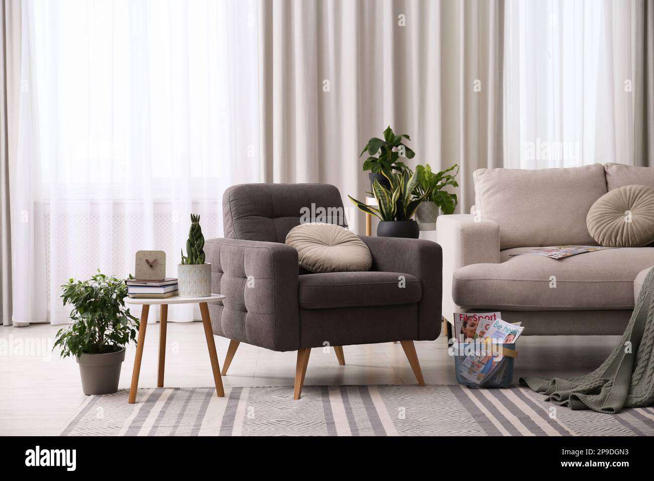 Comfortable armchair and sofa near window in living room. Interior ...