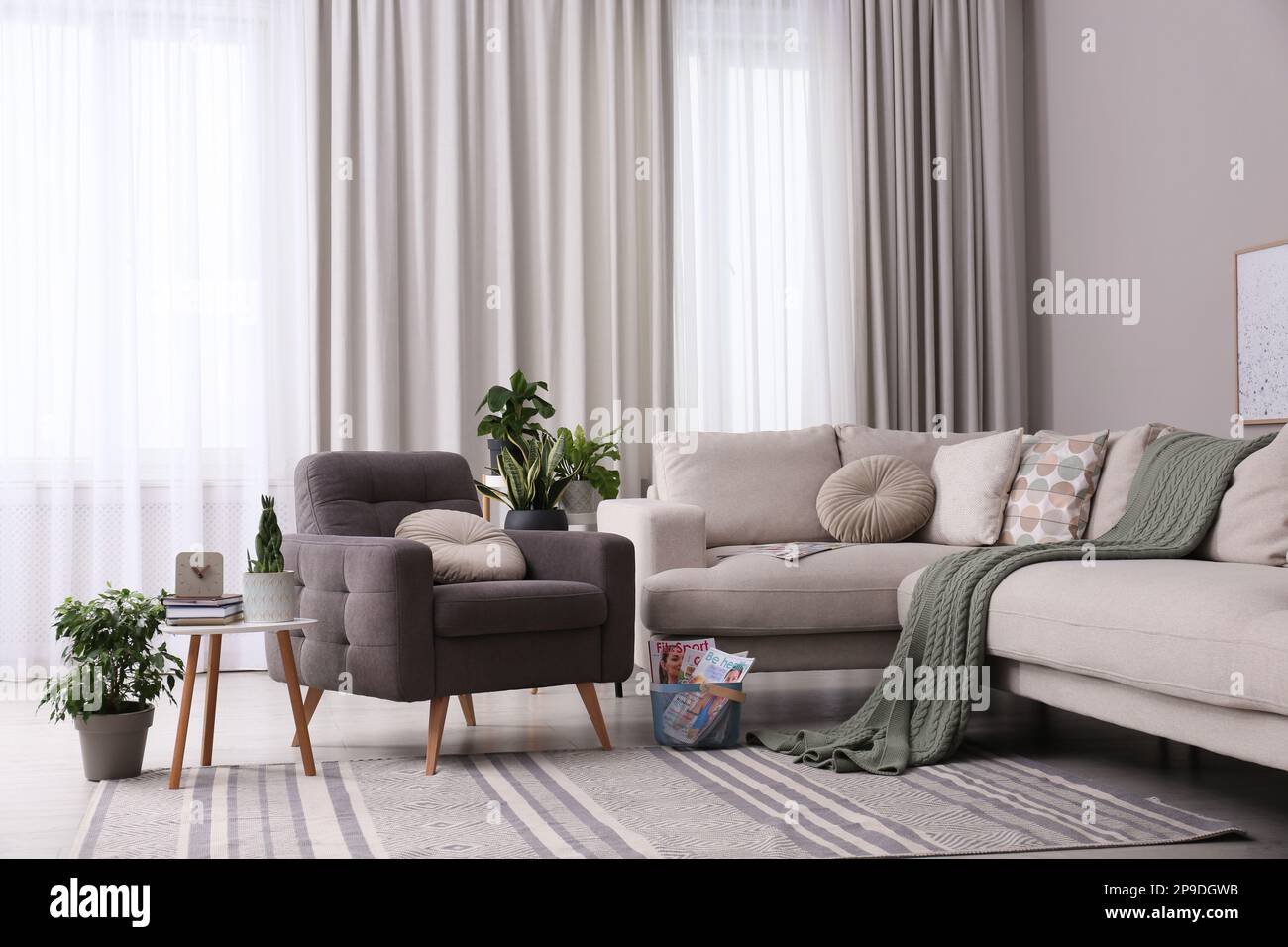 Comfortable armchair and sofa near window in living room. Interior ...