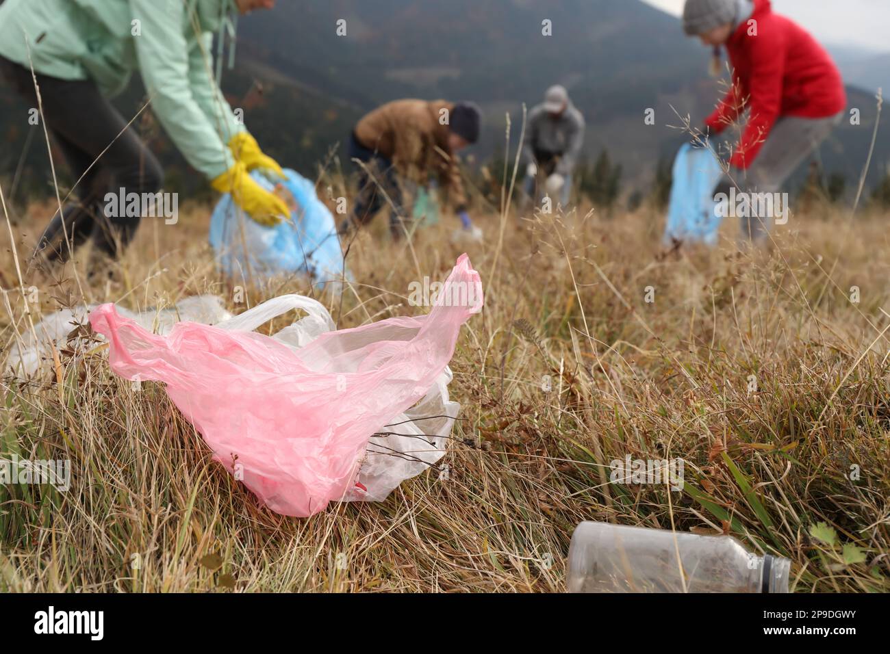 People collecting garbage in nature, focus on plastic trash Stock Photo ...