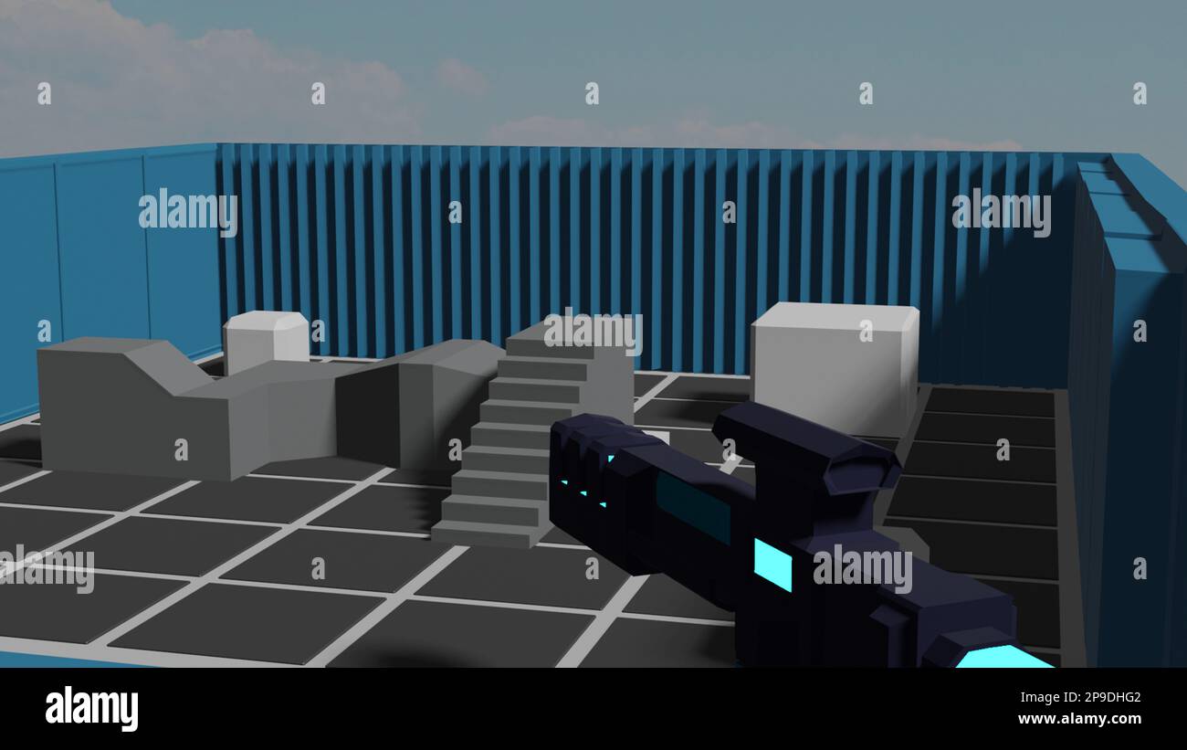 Action video game, illustration. First-person view of weapon in virtual ...