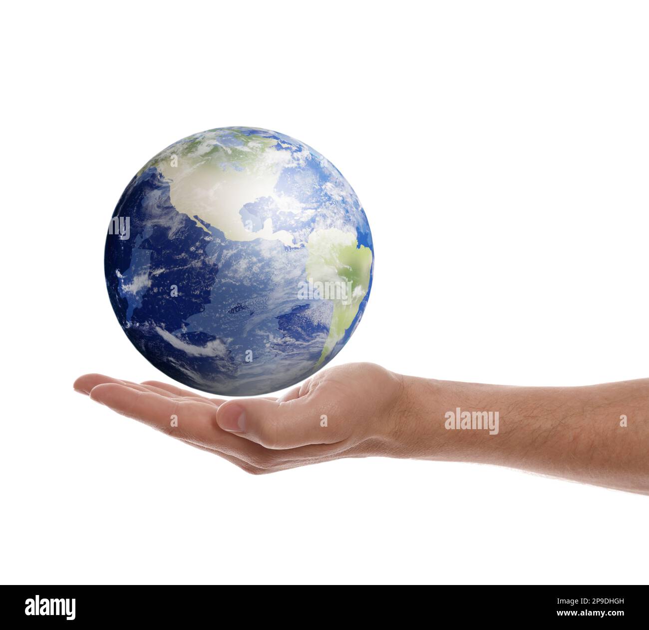 World in our hands. Man holding digital model of Earth on white ...